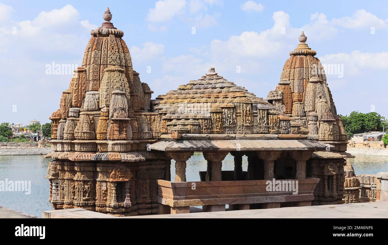 View of Twin Temple at Munsar Lake, Viramgam, Ahmadabad, Gujarat, India ...