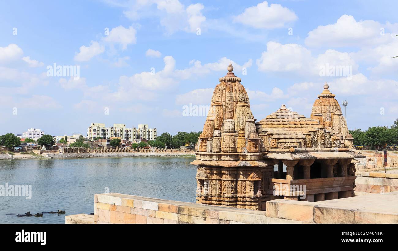 View of Twin Temple at Munsar Lake, Viramgam, Ahmadabad, Gujarat, India ...