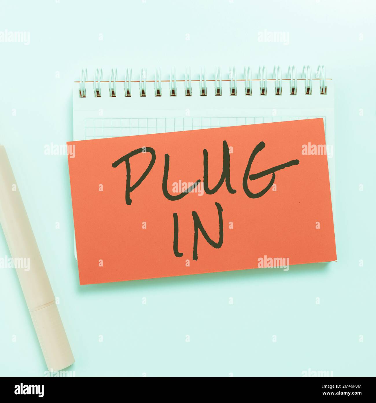 Text caption presenting Plug In. Word Written on putting device into ...