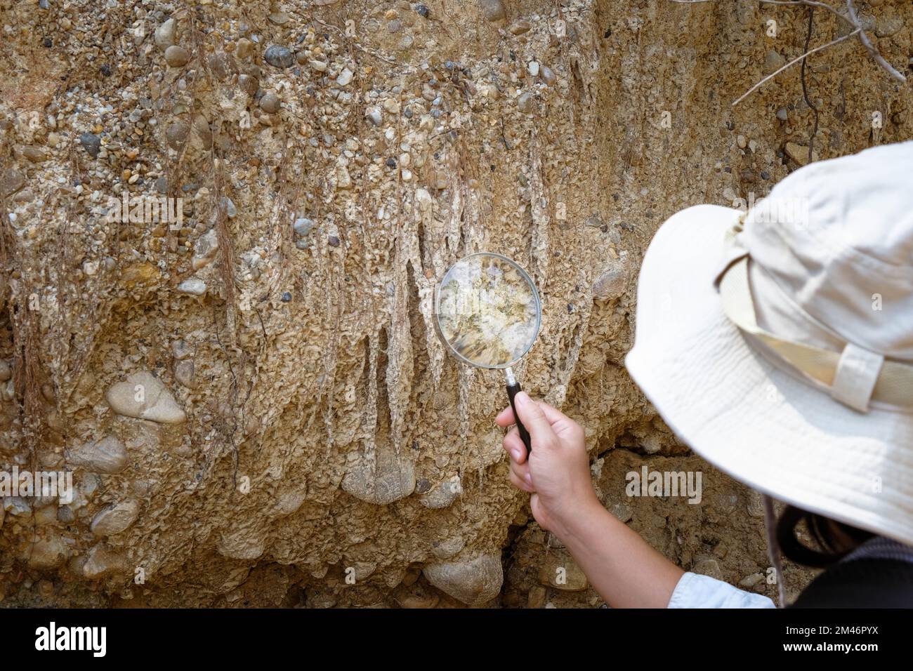 Female geologist using a magnifying glass examines nature, analyzing rocks or pebbles ...