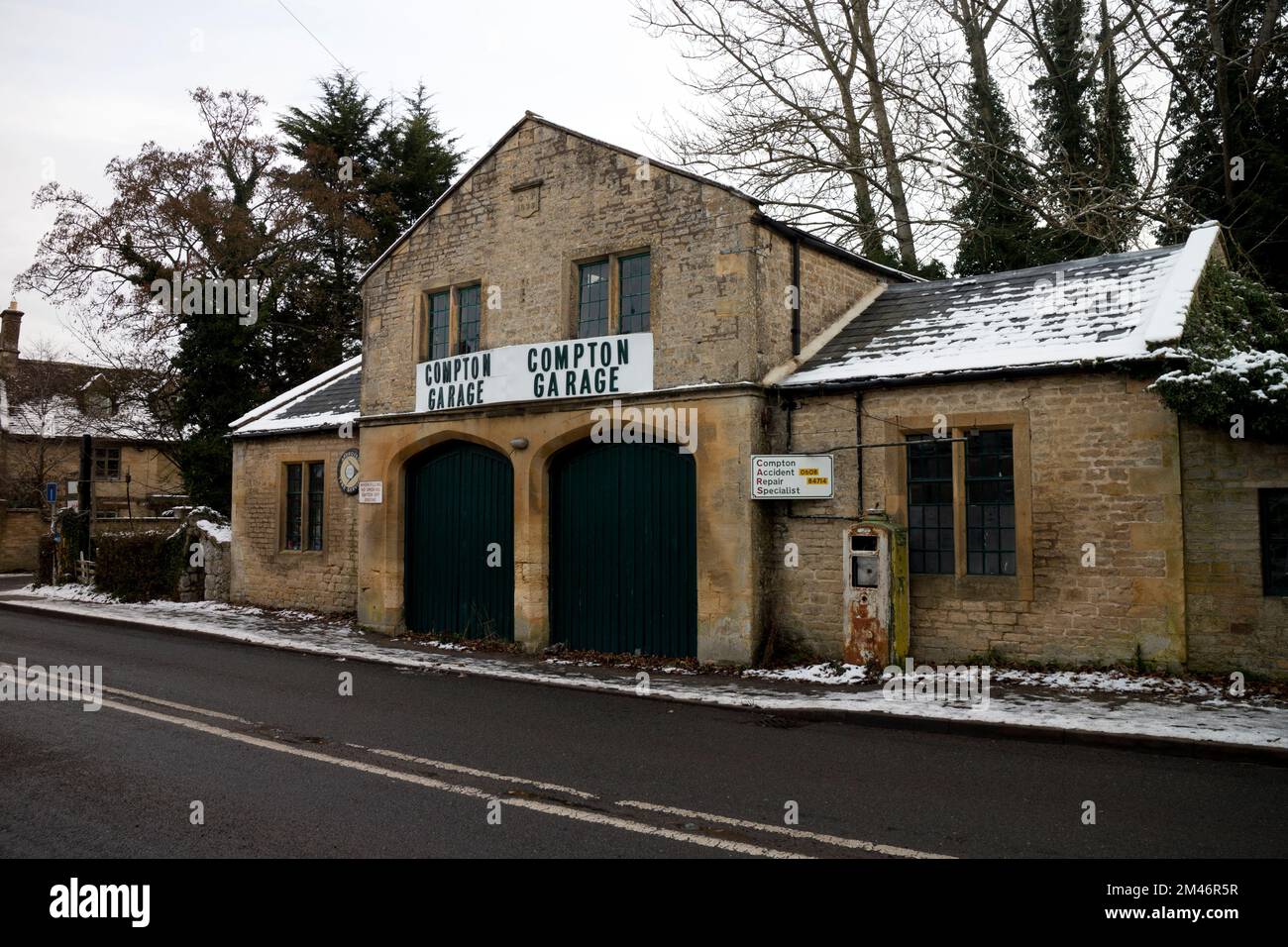 Compton Garage in winter, Long Compton, Warwickshire, England, UK Stock ...