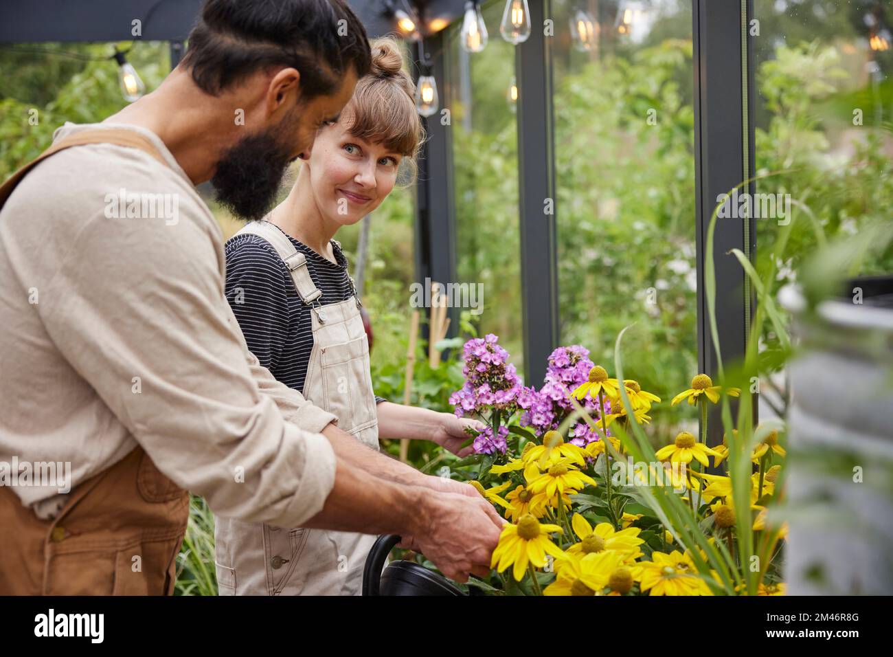 Couple gardening in greenhouse Stock Photo - Alamy