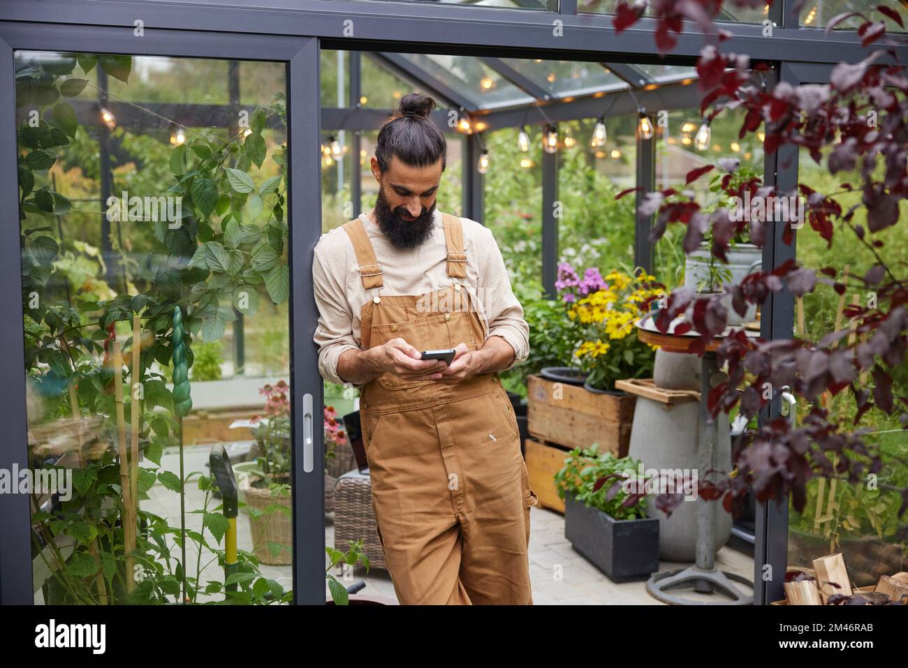 Man using cell phone in front of greenhouse Stock Photo - Alamy