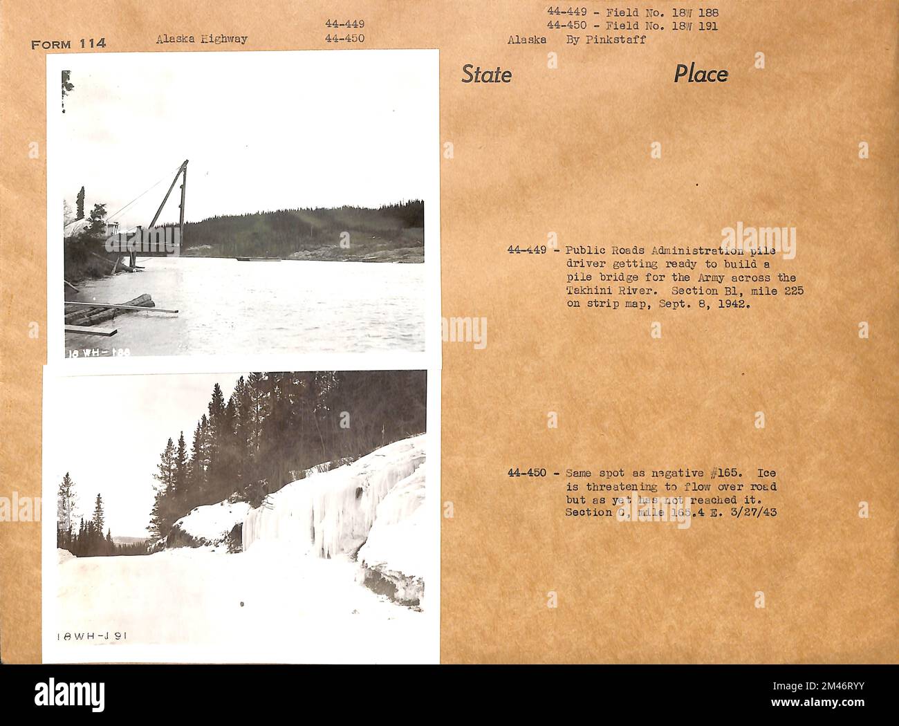 Pile driver getting ready to build a pike bridge across the Takhini River; Ice is threatening to ...