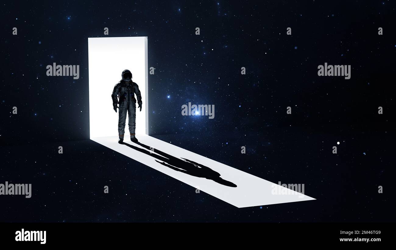 Astronaut cosmonaut stands in doorway from light into darkness of space ...