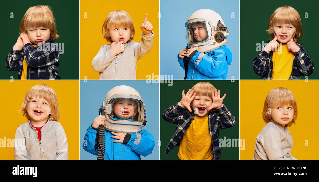Collage. Portraits of cute little boy, child showing different emotions ...
