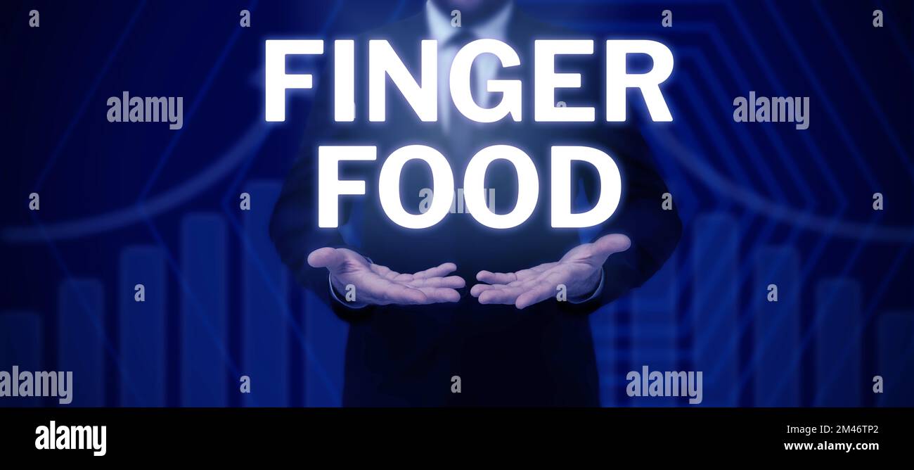 Hand writing sign Finger Food. Business overview products and ...