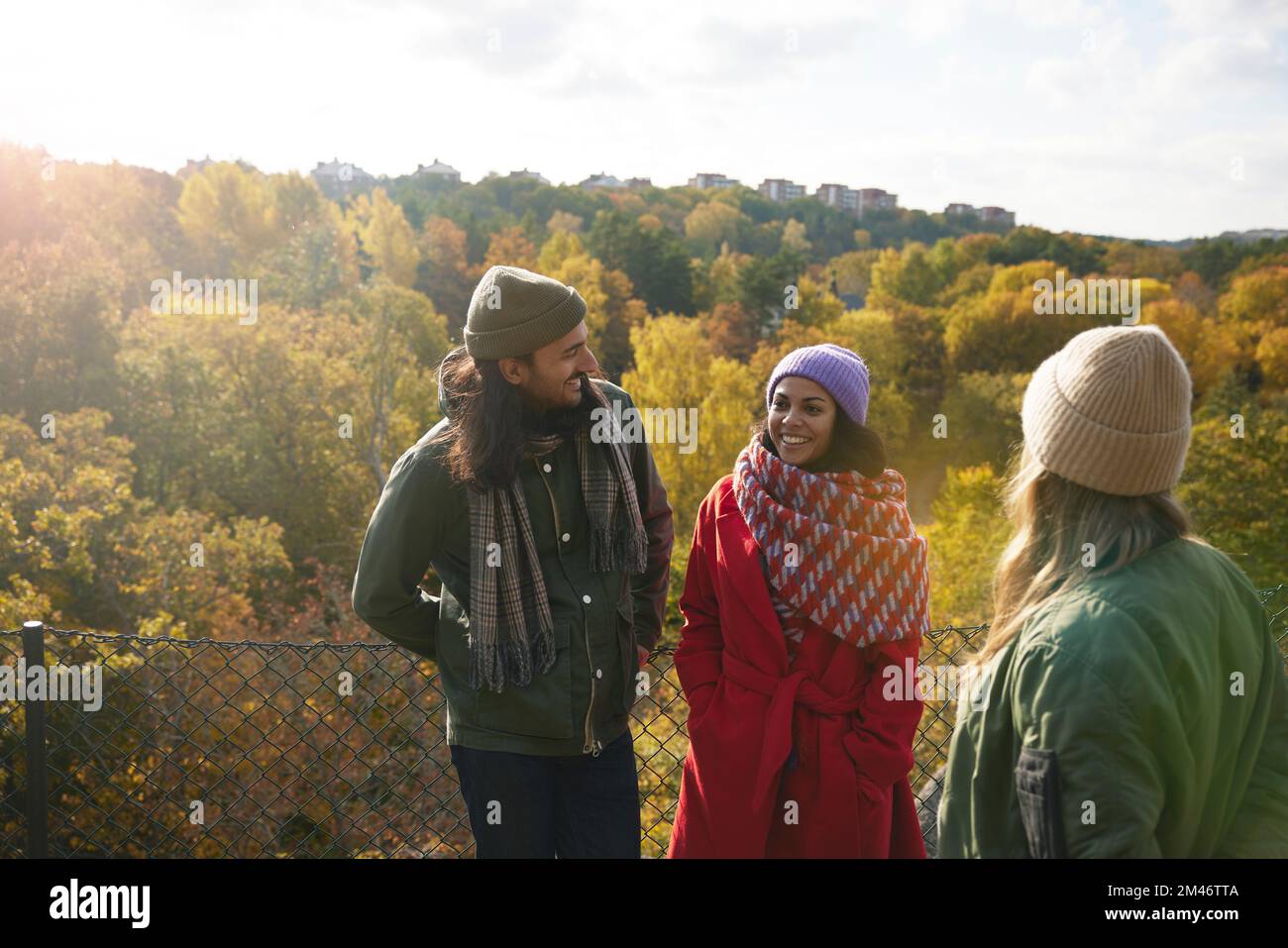Smiling friends talking together Stock Photo - Alamy