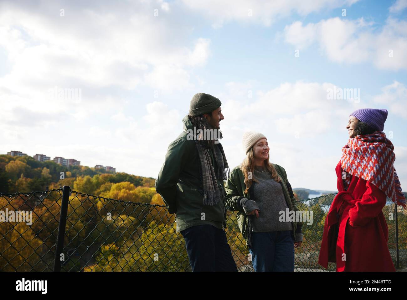 Smiling friends talking together Stock Photo - Alamy