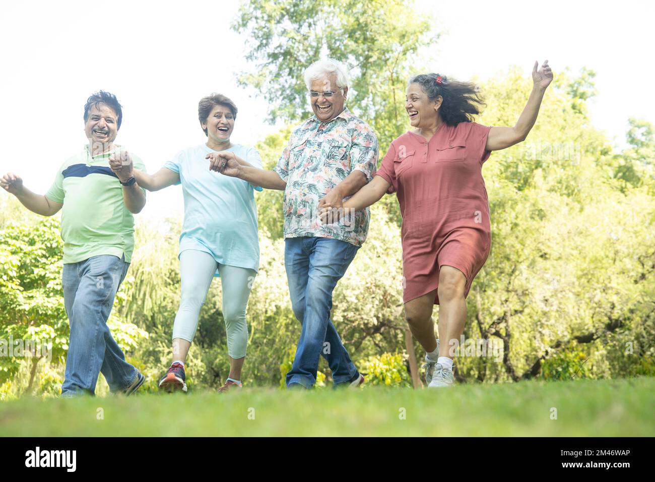 Group of happy indian senior men and women laughing and walking ...