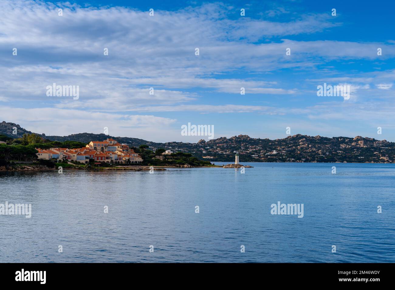 Palau, Italy - 3 December, 2022: shoreline with lighthouse and ...