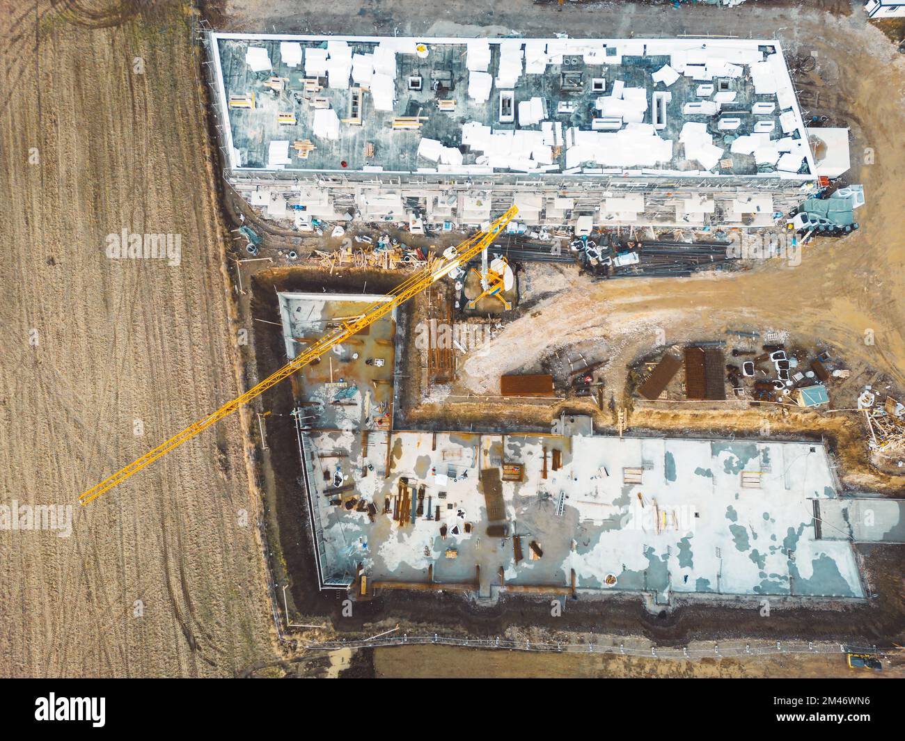 Top down view construction site of two residential buildings in ...