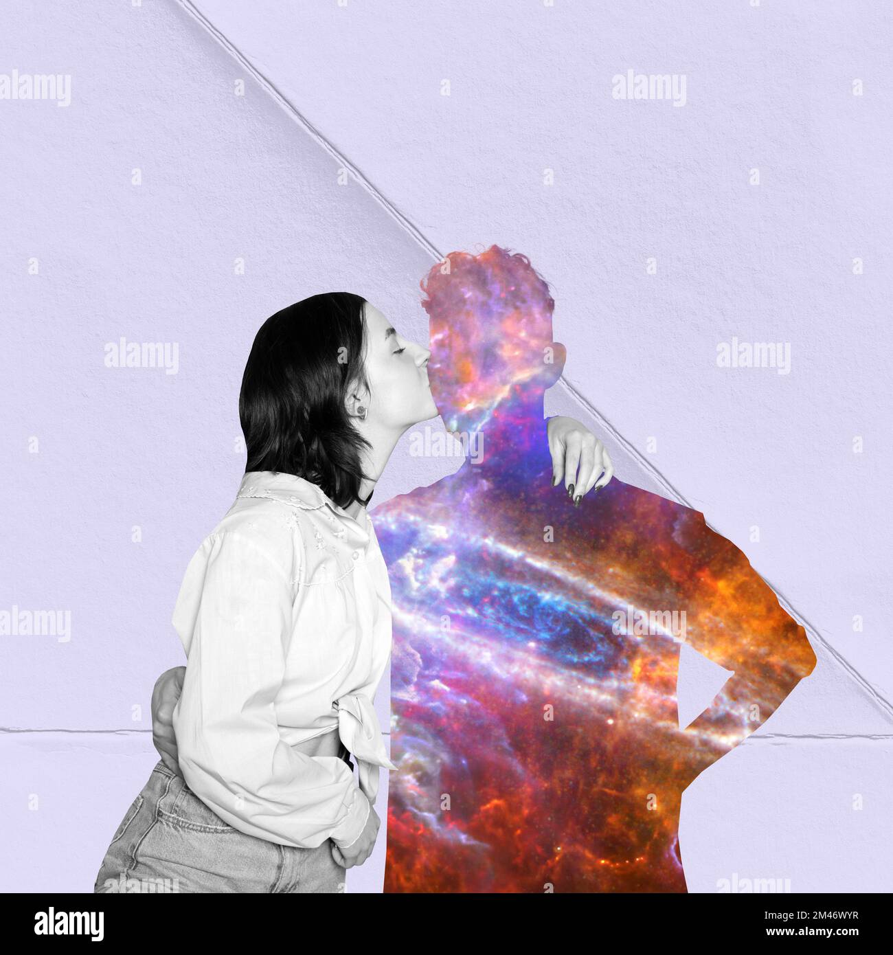 Contemporary art collage. Woman kissing man's silhouette. Space design ...