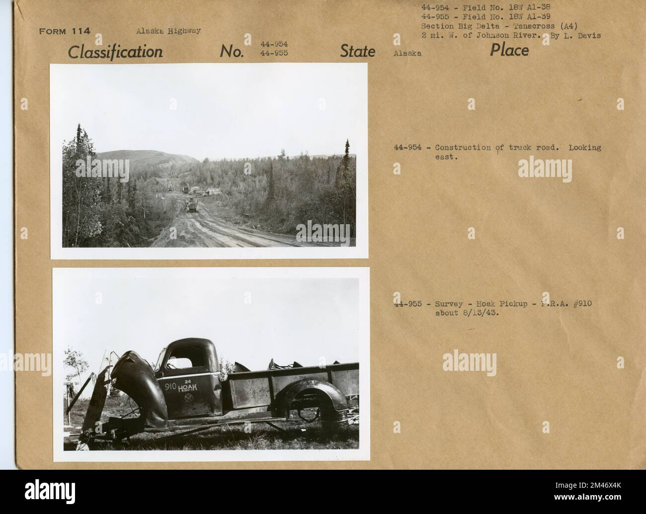 Construction of Truck Road; Hoak Pickup Truck. Original caption: 44-954 ...