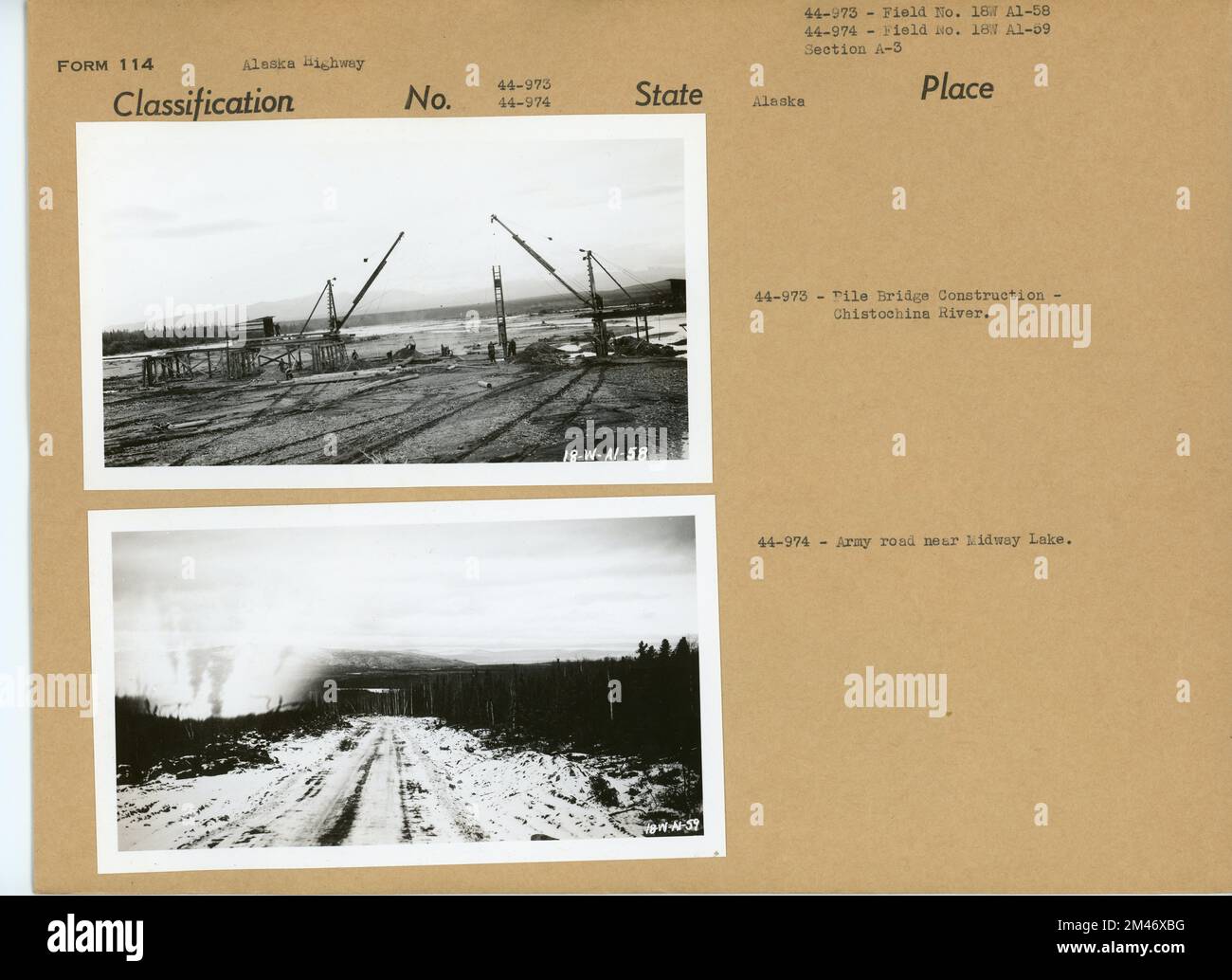 Pile bridge construction; Army road. Original caption: 44-973: Pile ...