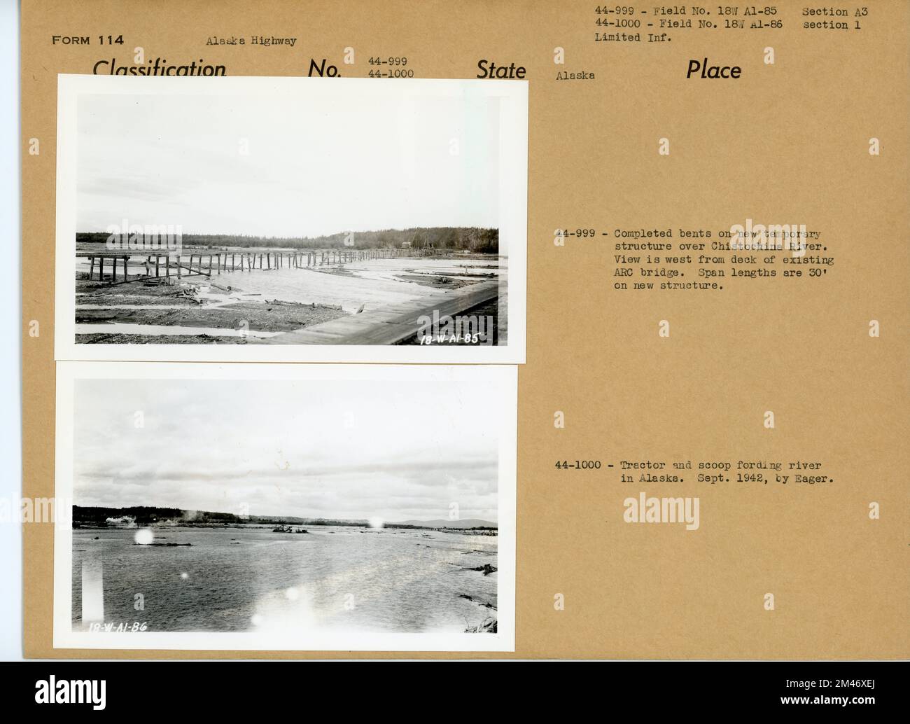 Completed bents; tractor and scoop fording. Original caption: 44-999 ...