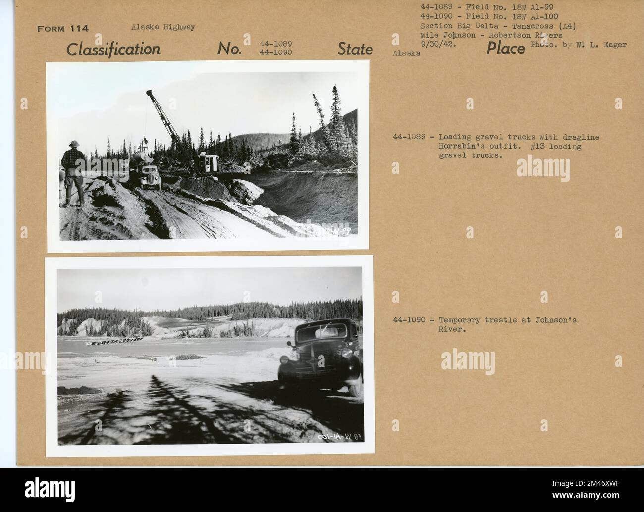 Loading gravel trucks; temporary trestle. Original caption: 44-1089 ...