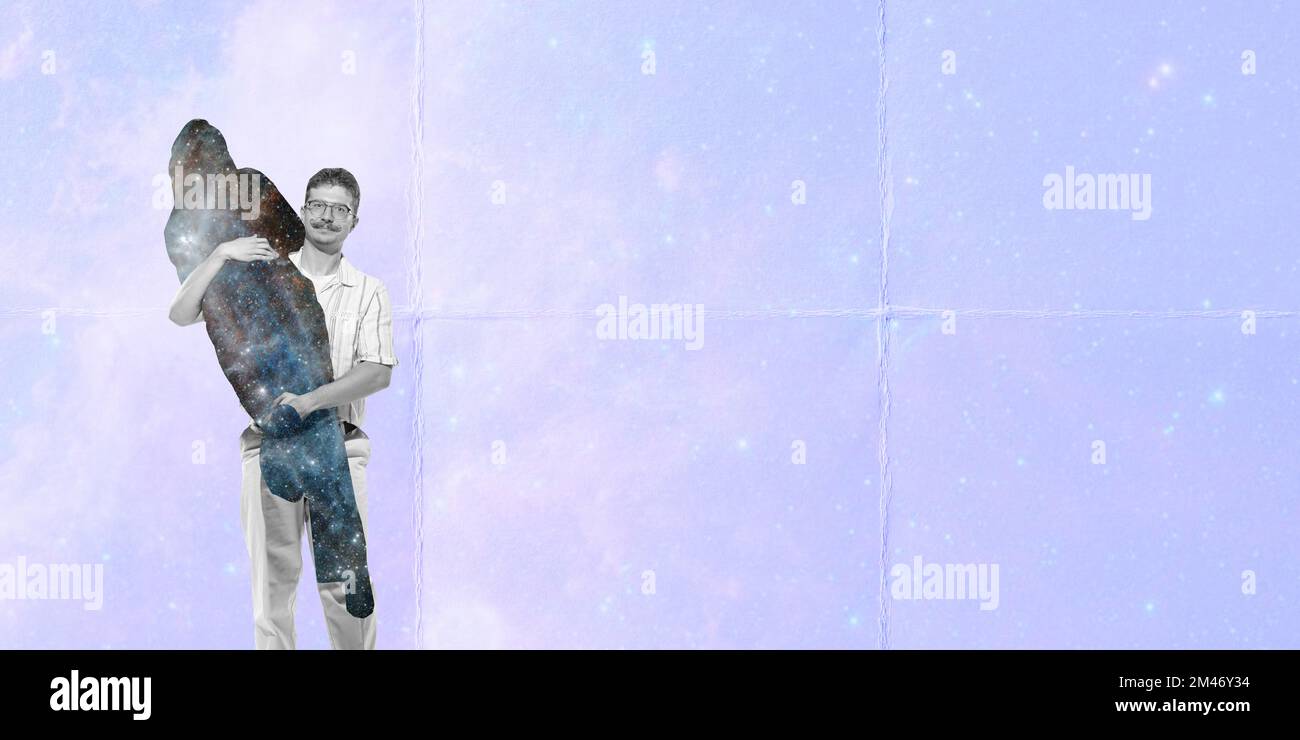 Contemporary art collage. Man carrying female silhouette over purple ...