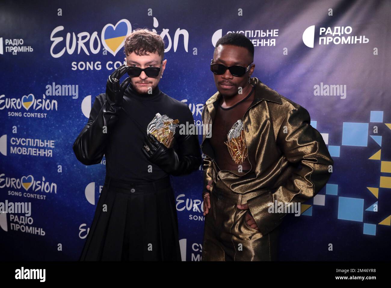 KYIV, UKRAINE - DECEMBER 17, 2022 - Members of the TVORCHI band pose ...