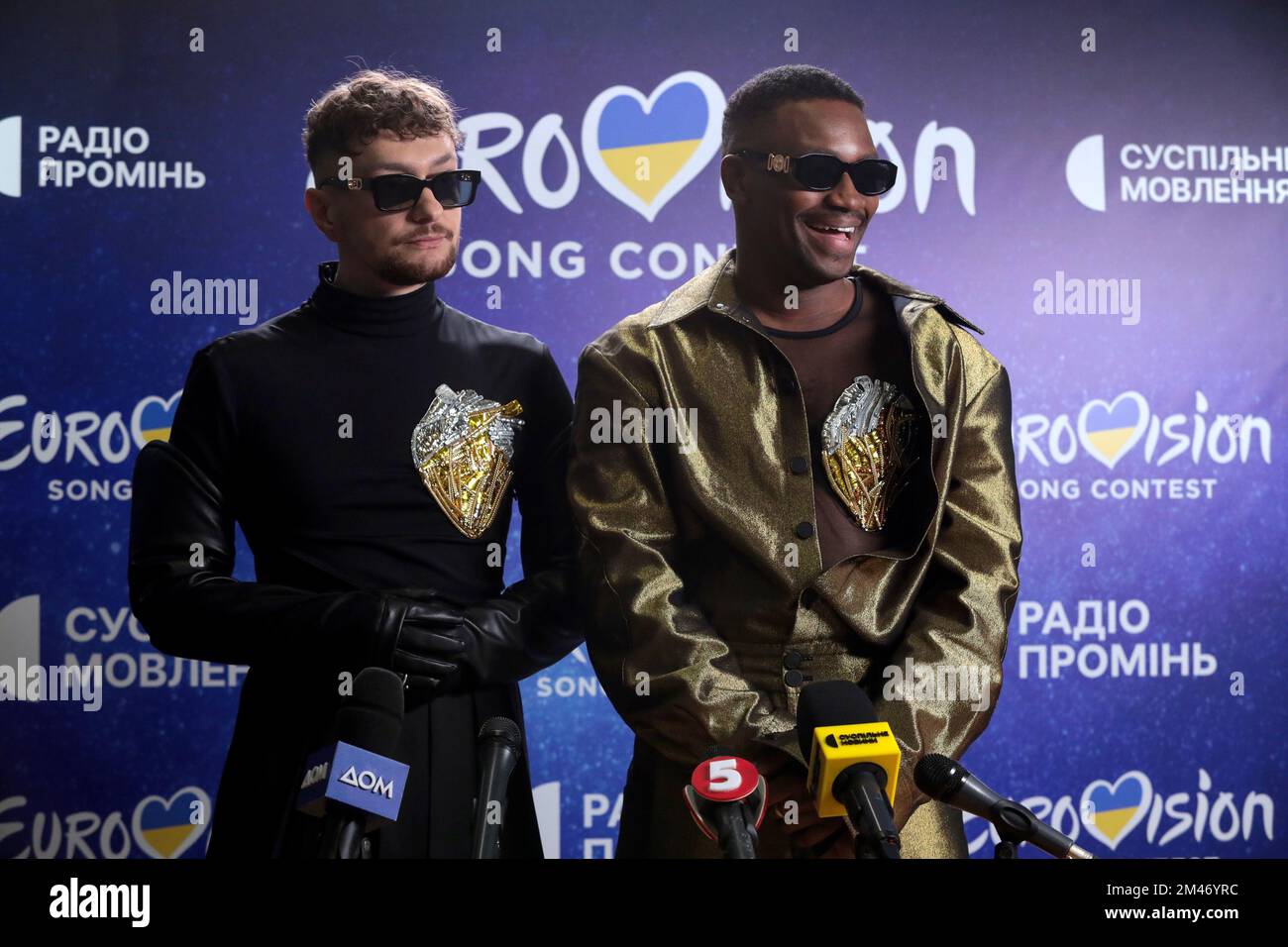 KYIV, UKRAINE - DECEMBER 17, 2022 - Members of the TVORCHI band pose ...