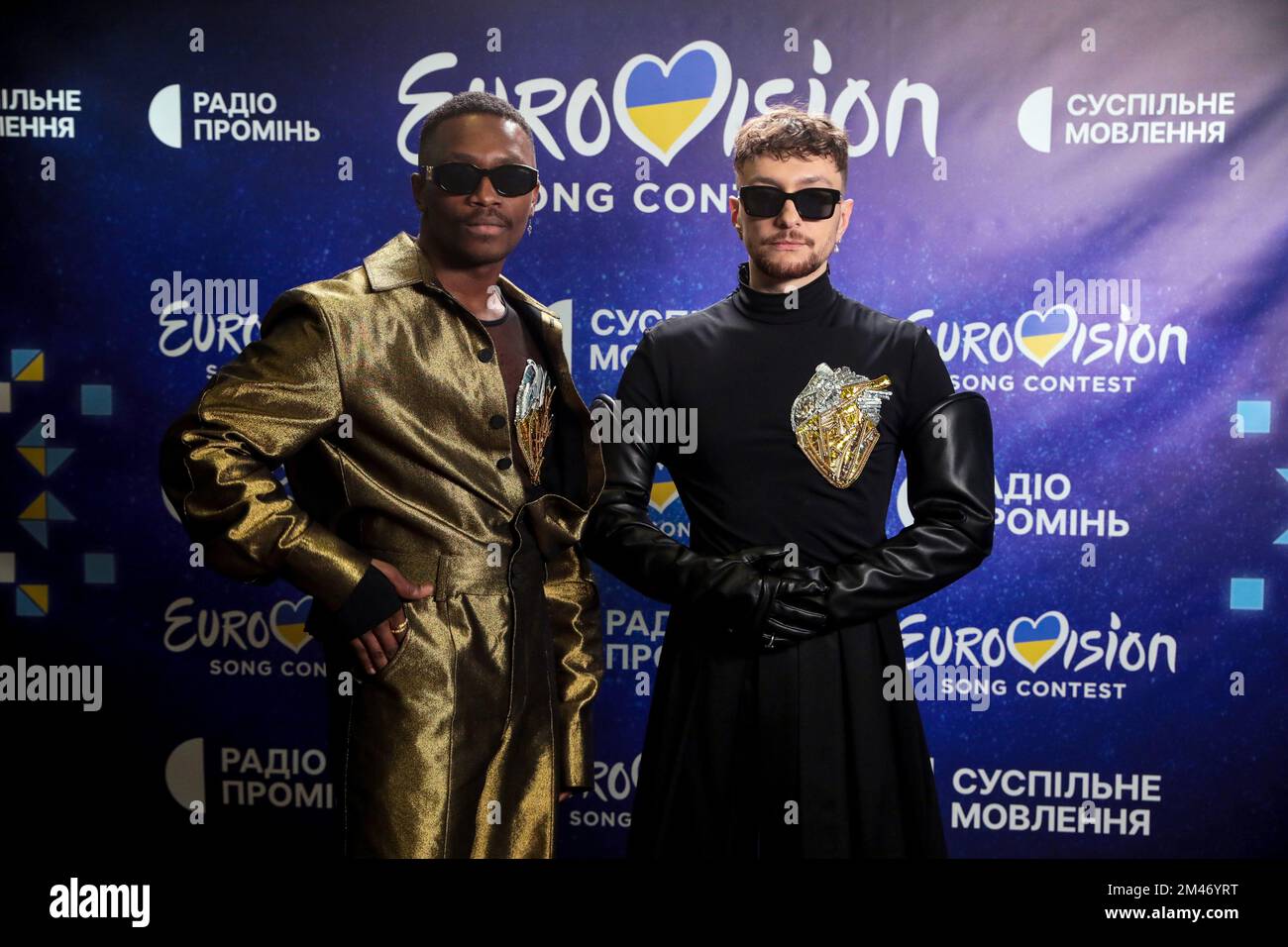 KYIV, UKRAINE - DECEMBER 17, 2022 - Members of the TVORCHI band pose ...