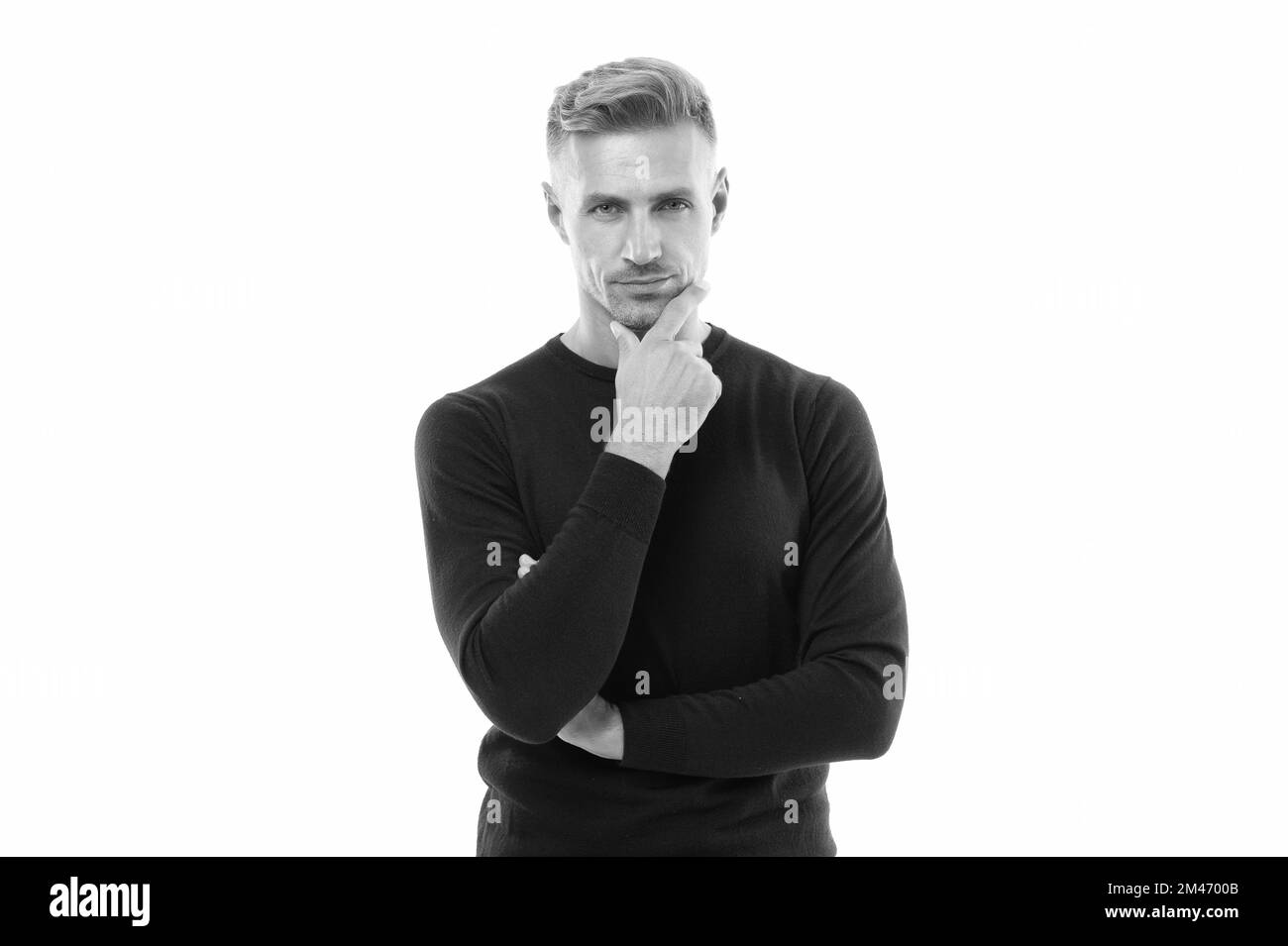 In deep thought. Serious man think stroking chin. Thoughtful guy ...