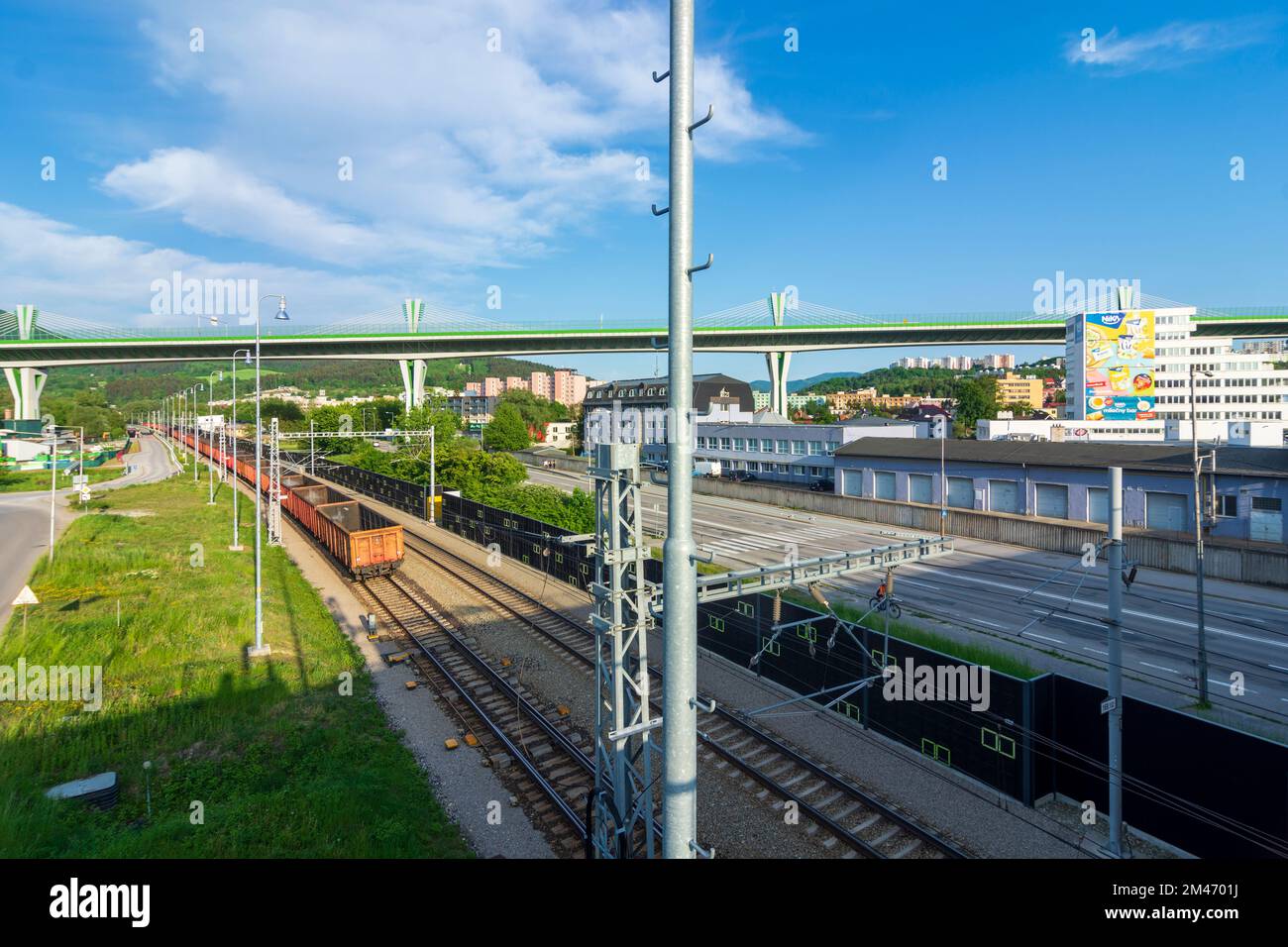 Povazska Bystrica (Waagbistritz): railway line, train, freeway D1 ...