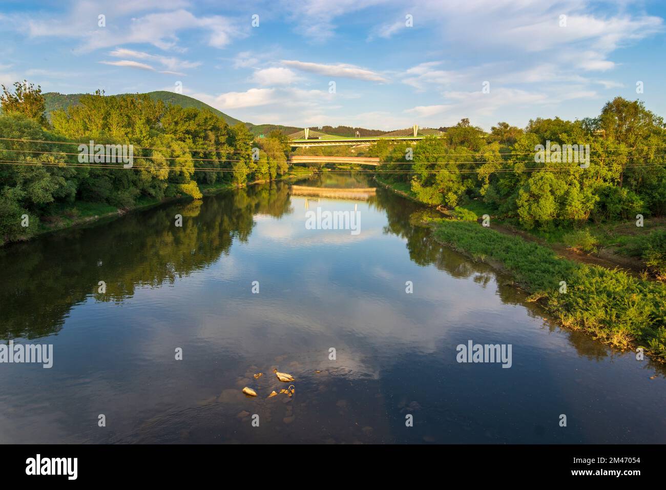 Povazska Bystrica (Waagbistritz): river Vah (Waag), freeway D1 bridge ...