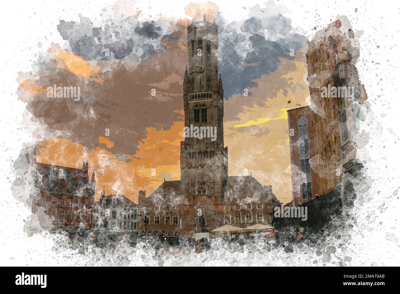 Watercolor painting of Bruges cityscape. Belfry of Bruges low angle ...