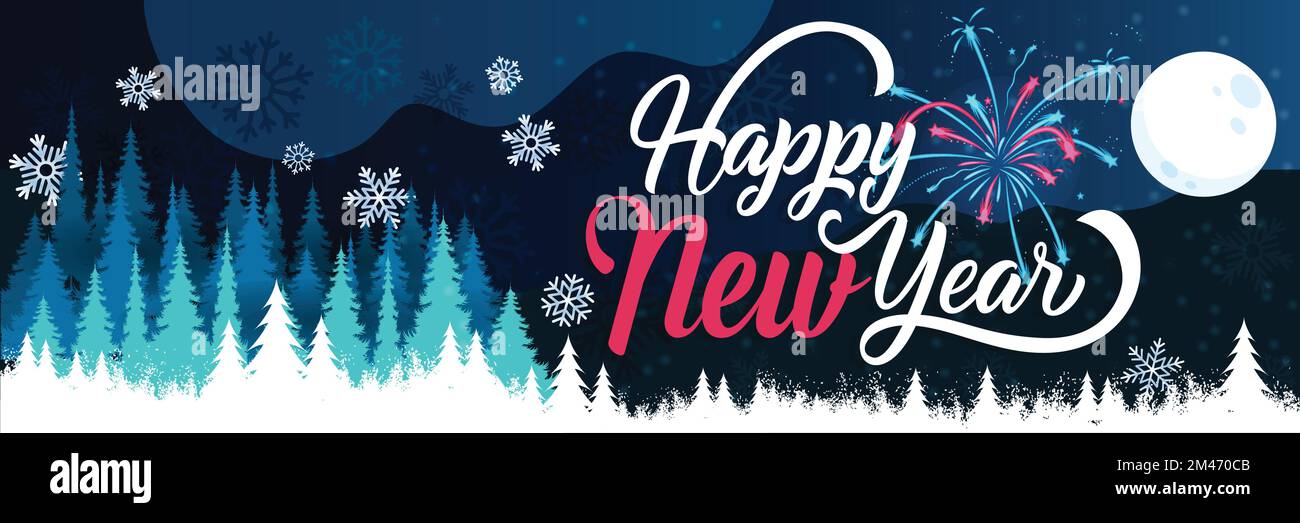 happy new year banner with winter landscape background. happy new year ...