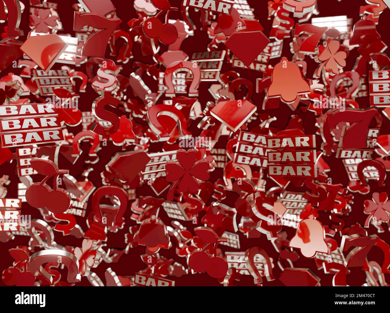 An array of red and silver casino slot bar, seven, cherry and horseshoe ...