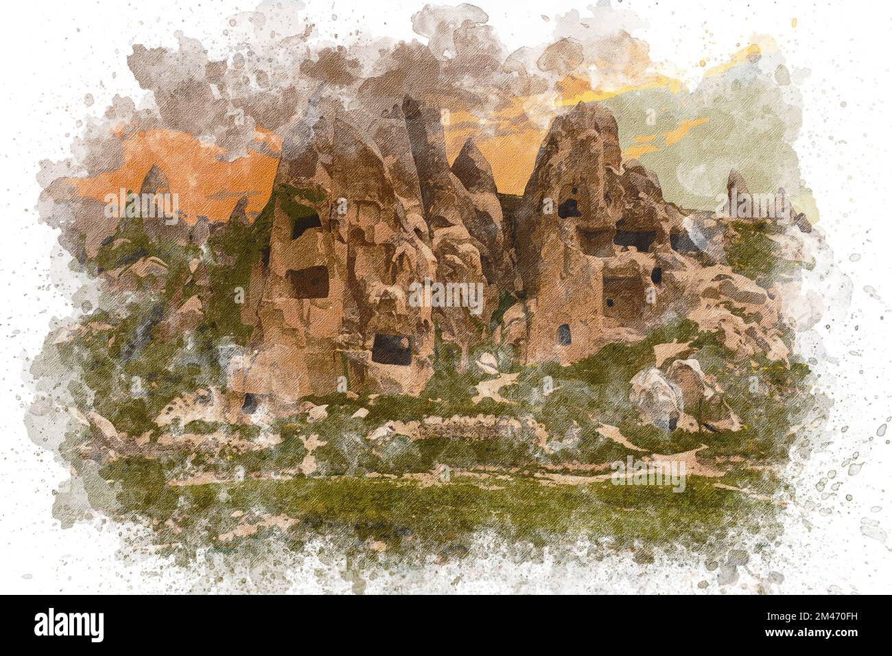 watercolor painting of Cappadocia Turkey. Travel to Turkey concept ...