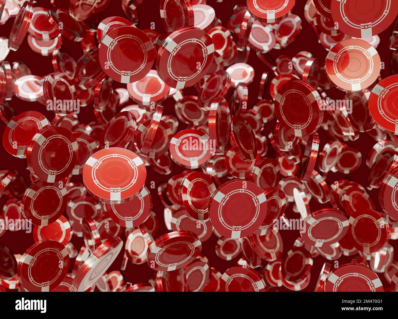 An array of red and silver casino chips with gold markings floating in ...