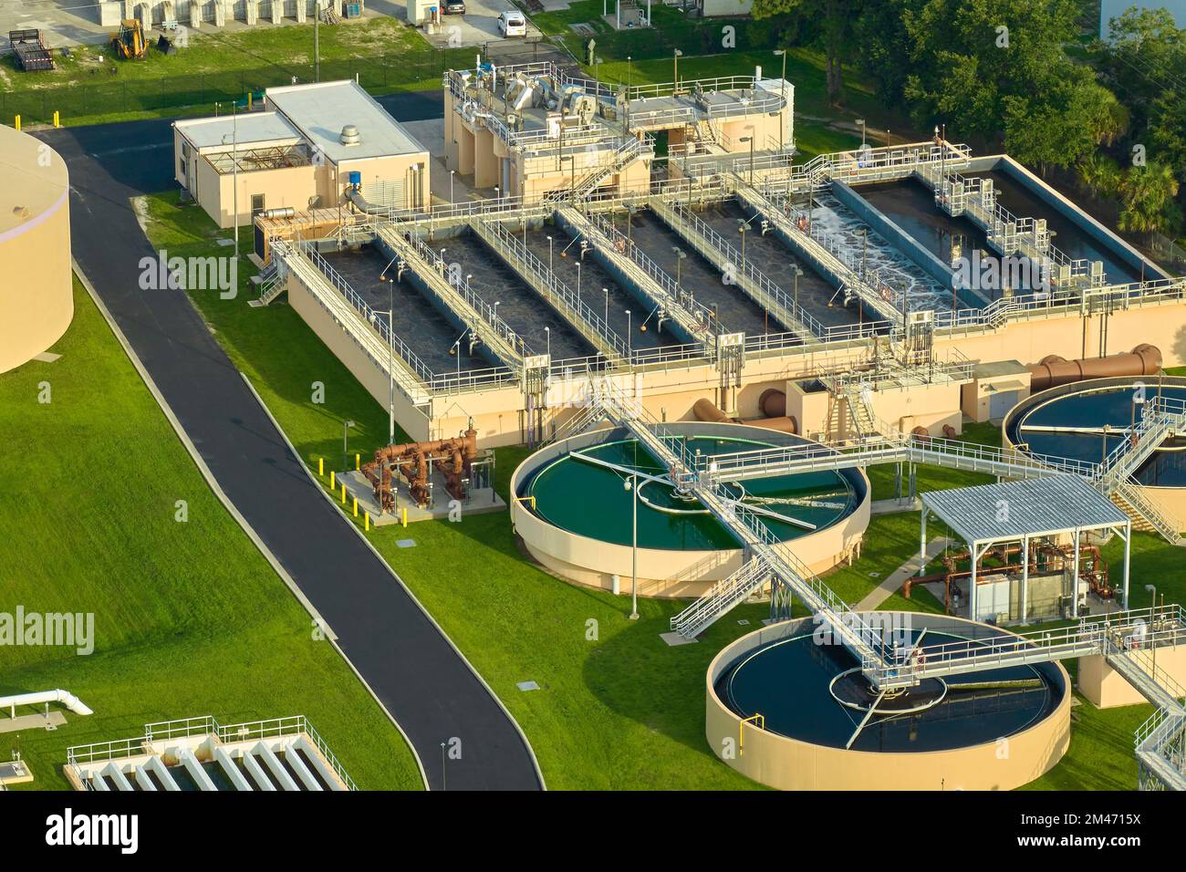 Aerial view of modern water cleaning facility at urban wastewater ...