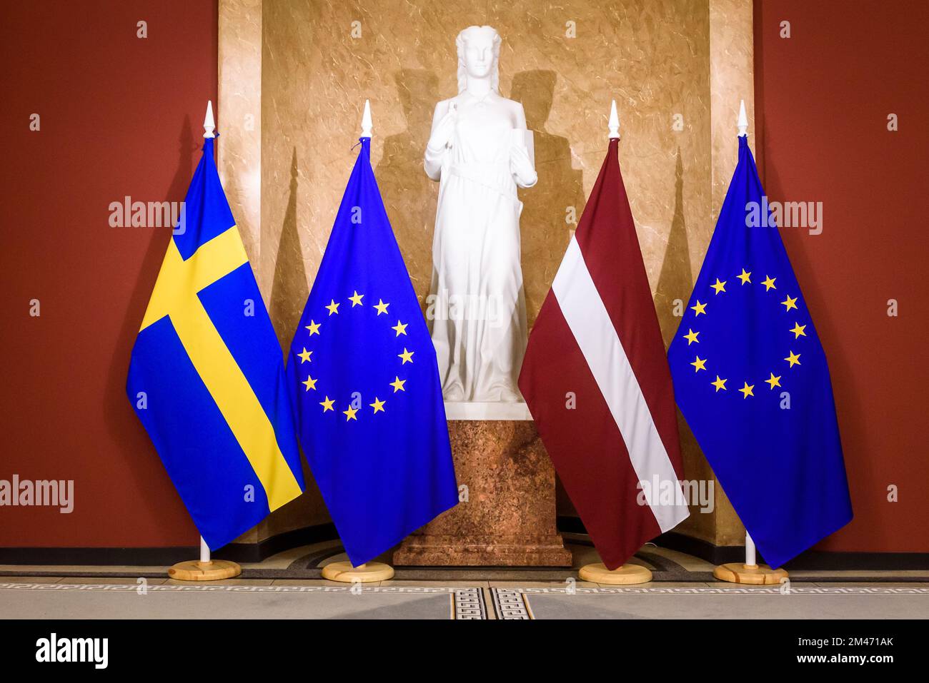RIGA, LATVIA. 19th December 2022. Flag of Sweden, flag of European ...