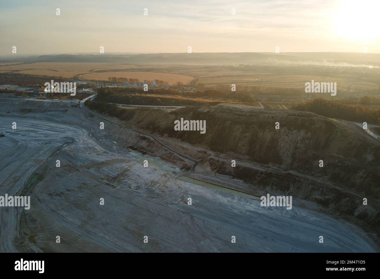 Aerial view of open pit mining site of limestone materials for ...
