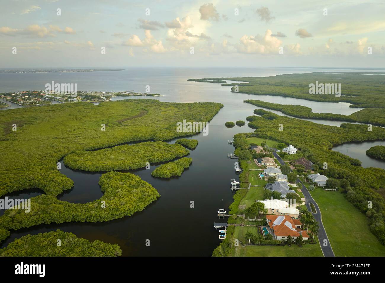 Aerial view of rural private houses in remote suburbs located near ...