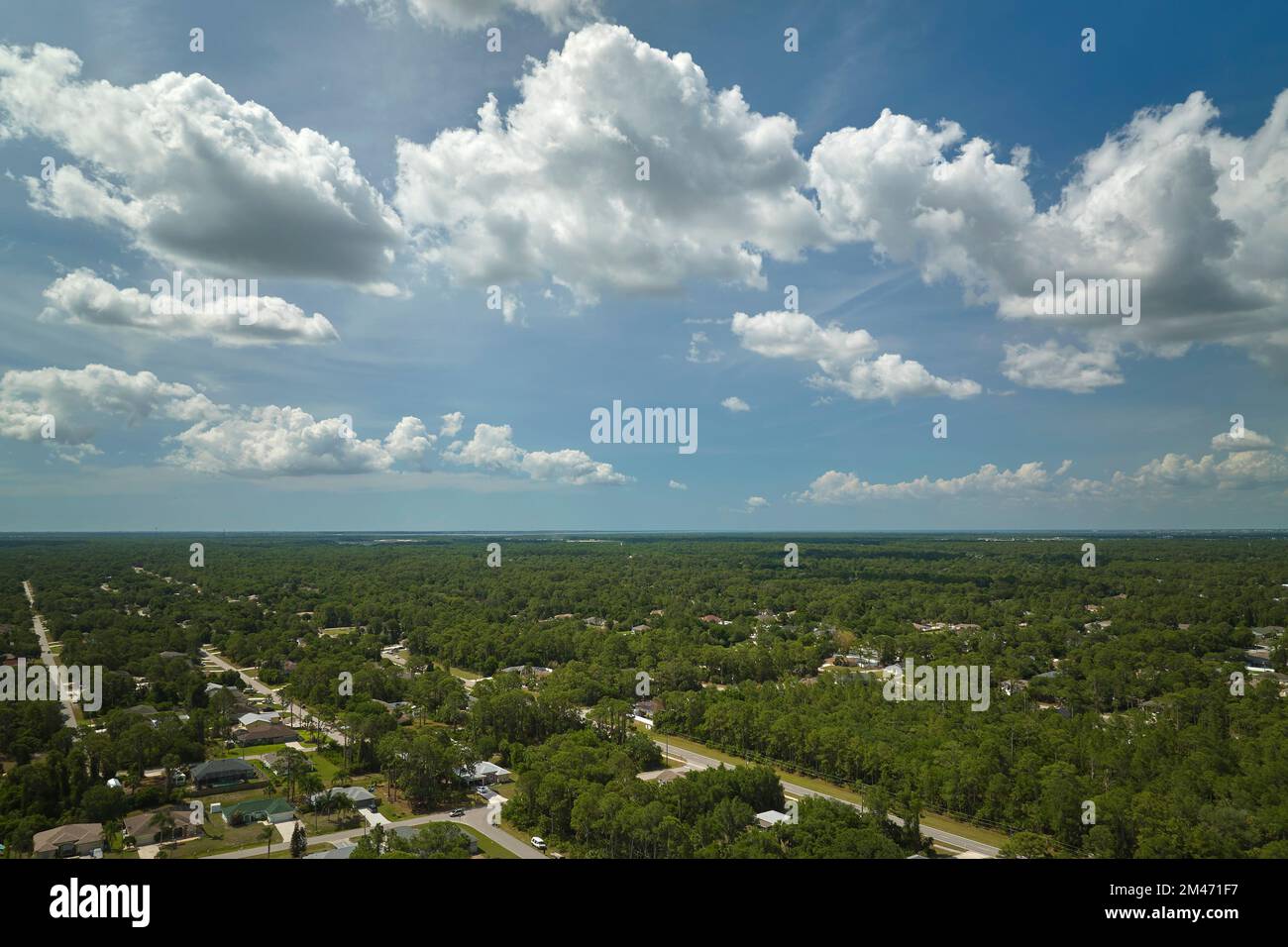Aerial view of small town America suburban landscape with private homes ...