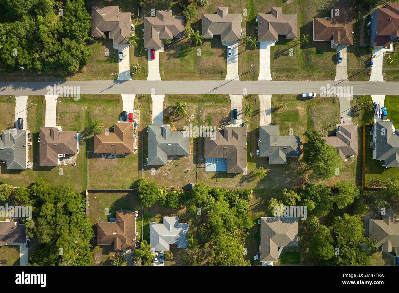 Aerial view of suburban landscape with private homes between green palm ...