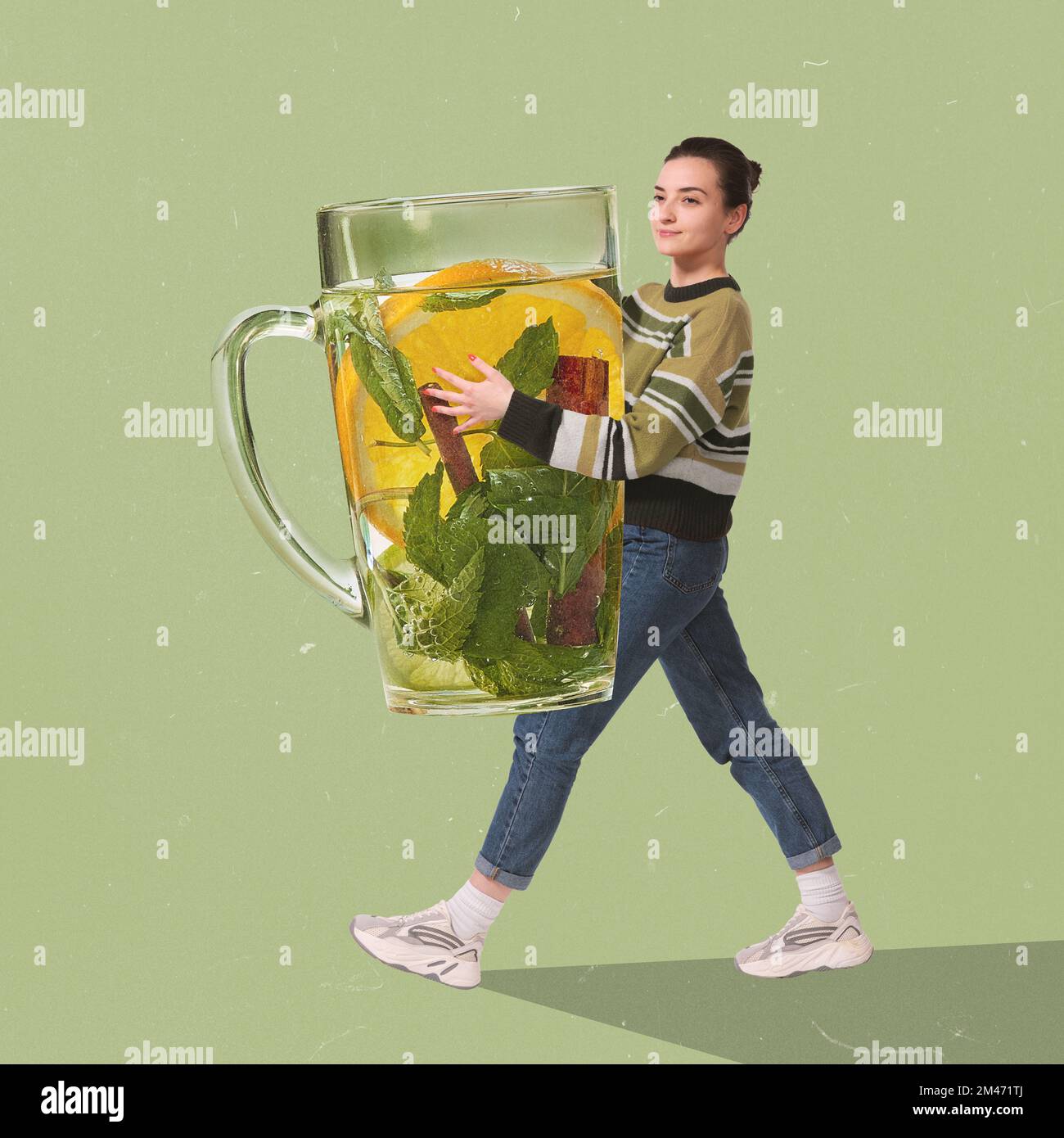 Contemporary art collage. Creative design. Young girl carrying big cup ...