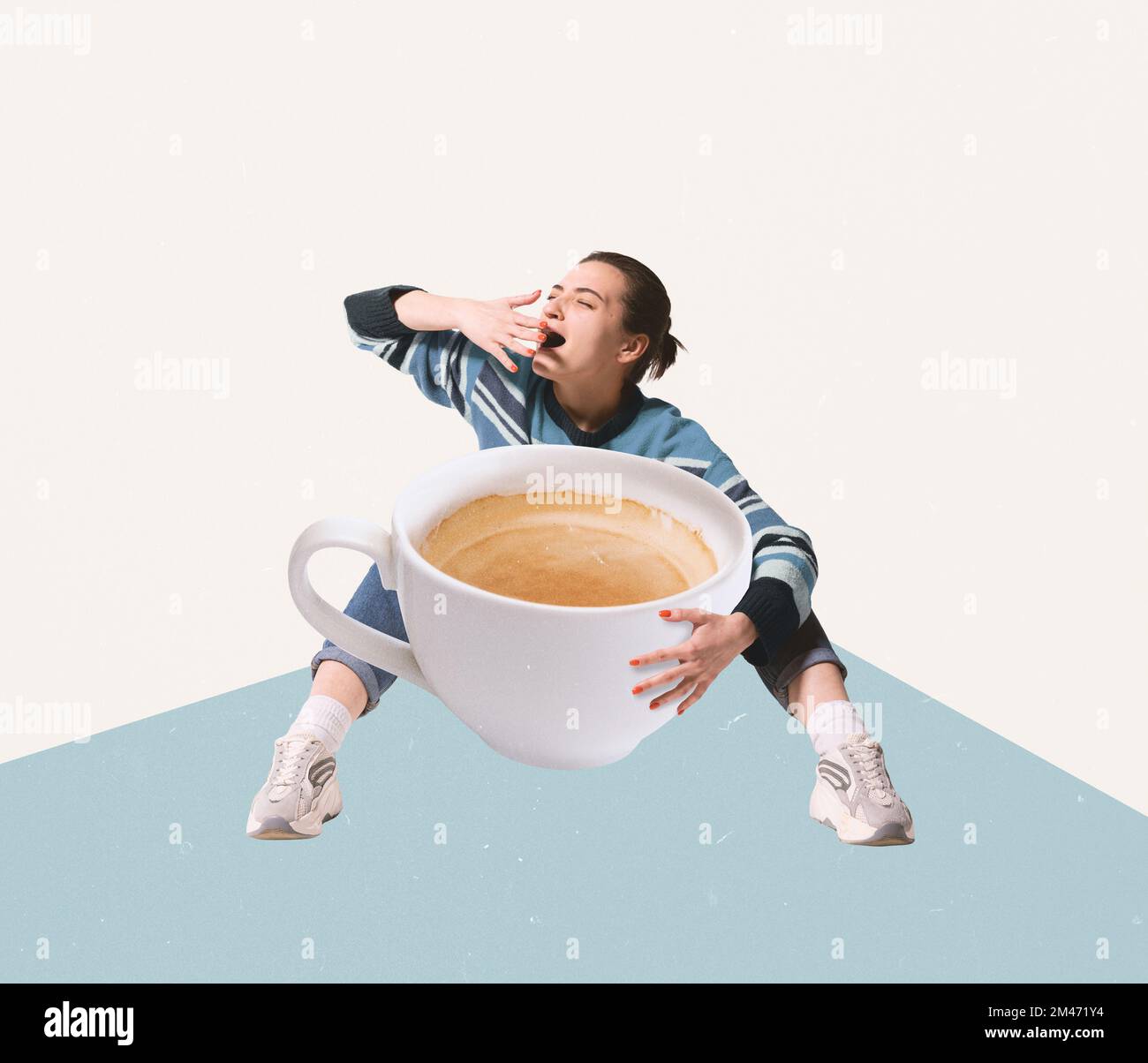 Contemporary art collage. Creative design. Young woman sitting with ...