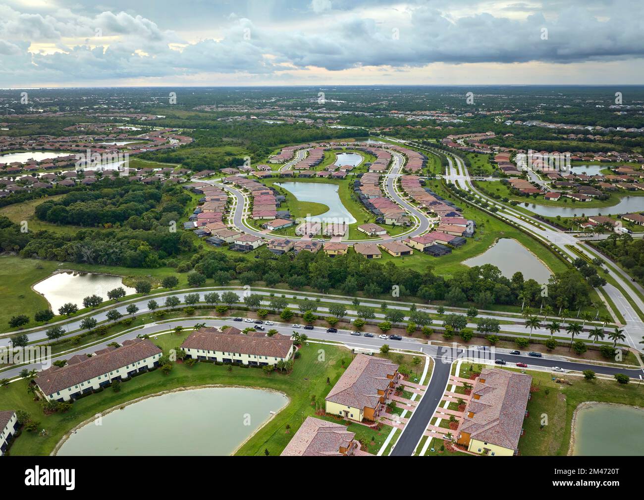 Aerial view of tightly packed homes in Florida closed living clubs ...