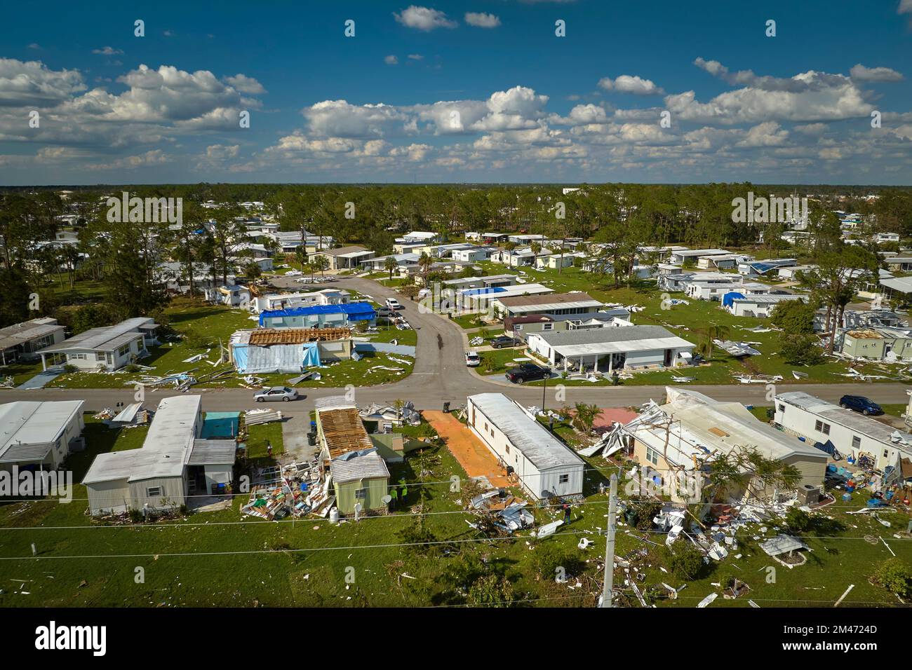 Badly damaged mobile homes after hurricane Ian in Florida residential ...