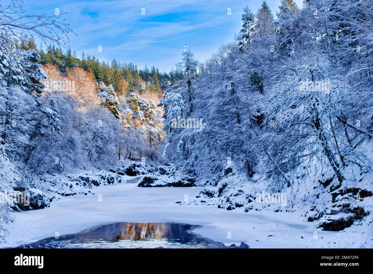 River Findhorn Moray Scotland with deep snow in winter the river water ...