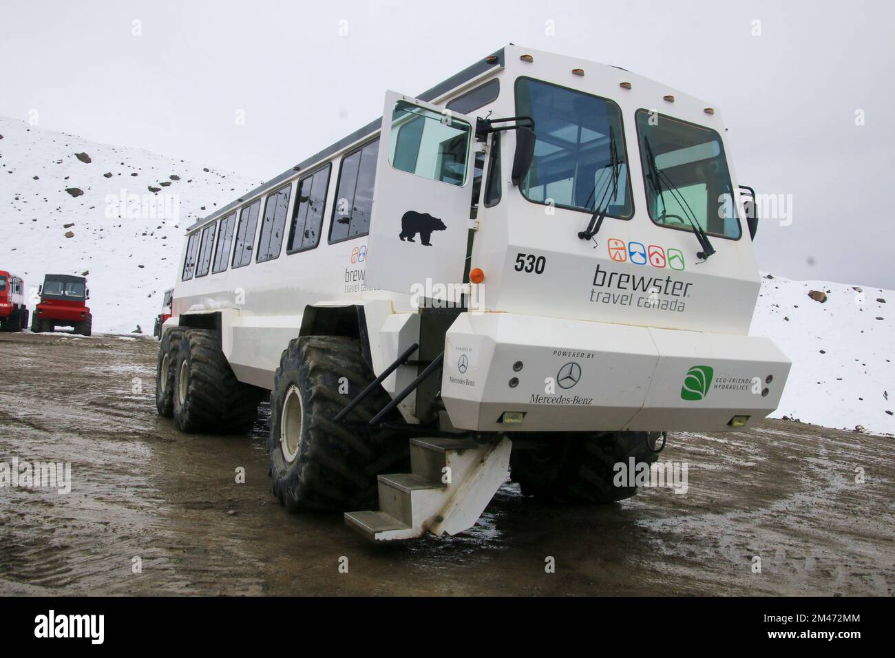 Ice explorer vehicle on Athabasca glacier from icefield parkway, Jasper national park, Alberta ...