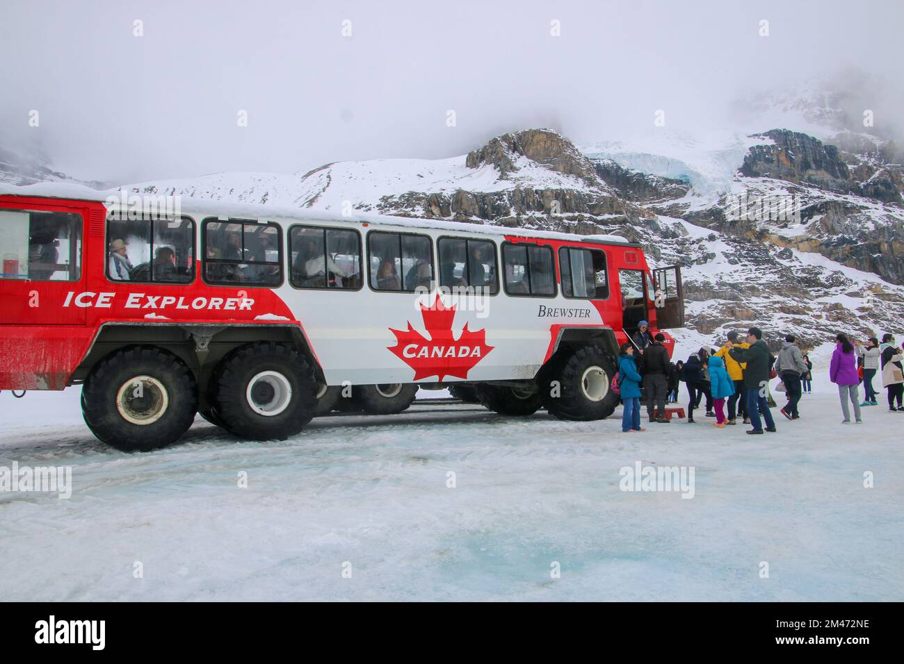 Ice explorer vehicle on Athabasca glacier from icefield parkway, Jasper national park, Alberta ...