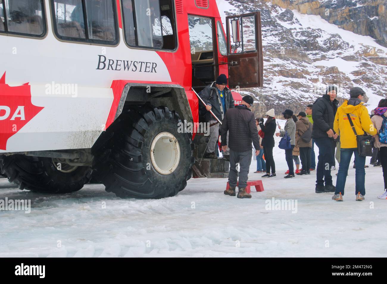 Ice explorer vehicle on Athabasca glacier from icefield parkway, Jasper national park, Alberta ...