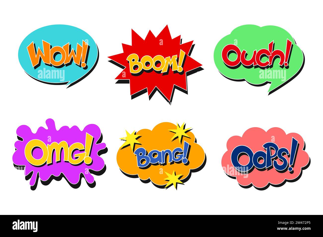 WOW, Boom, Ouch, OMG, Bang, Oops comic text. Pop art style. Vector ...
