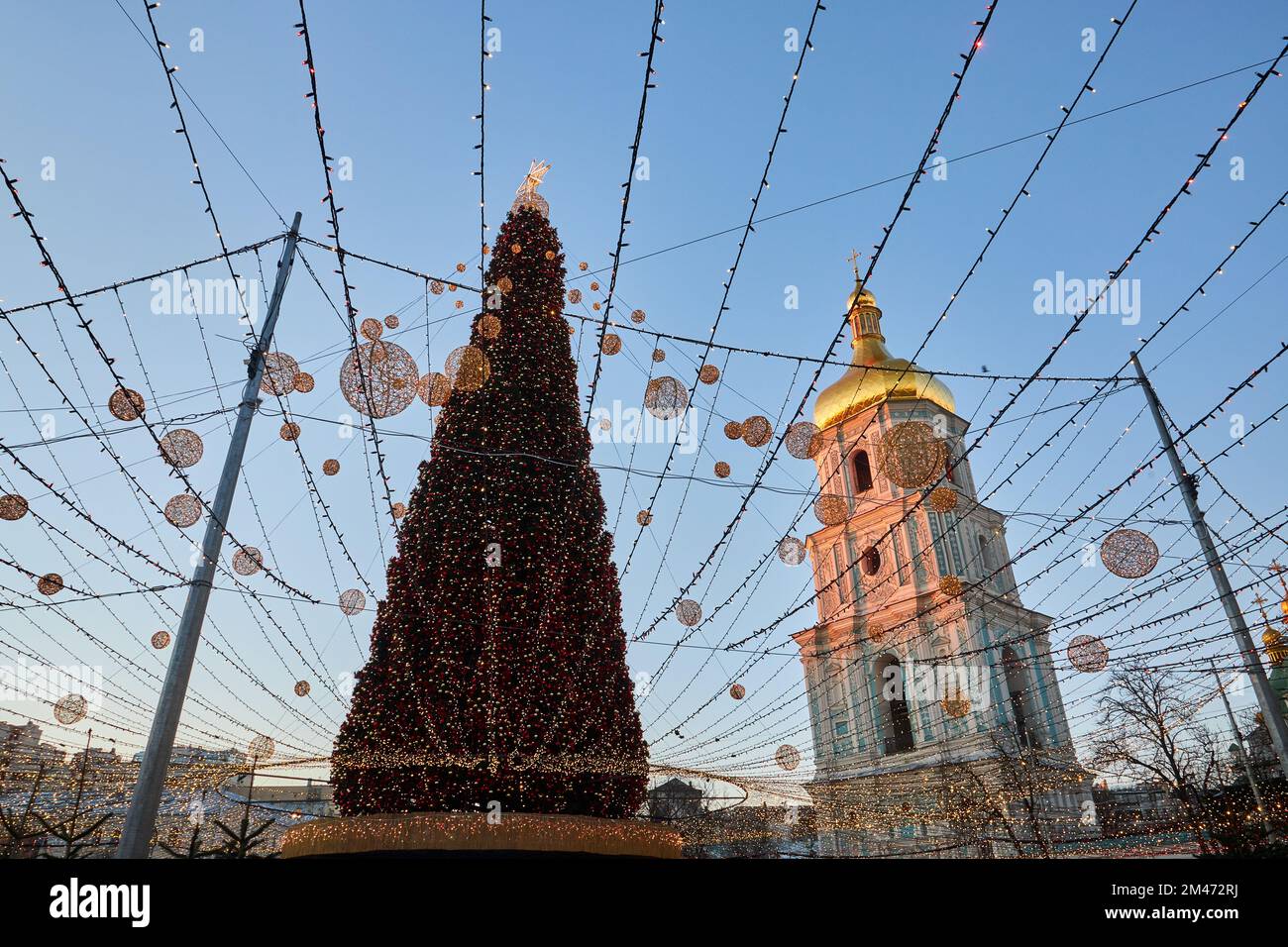 Christmas tree with lights outdoors at night in Kiev. Sophia Cathedral ...