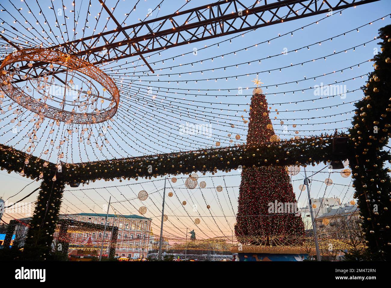 Christmas tree with lights outdoors at night in Kiev. Sophia Cathedral ...